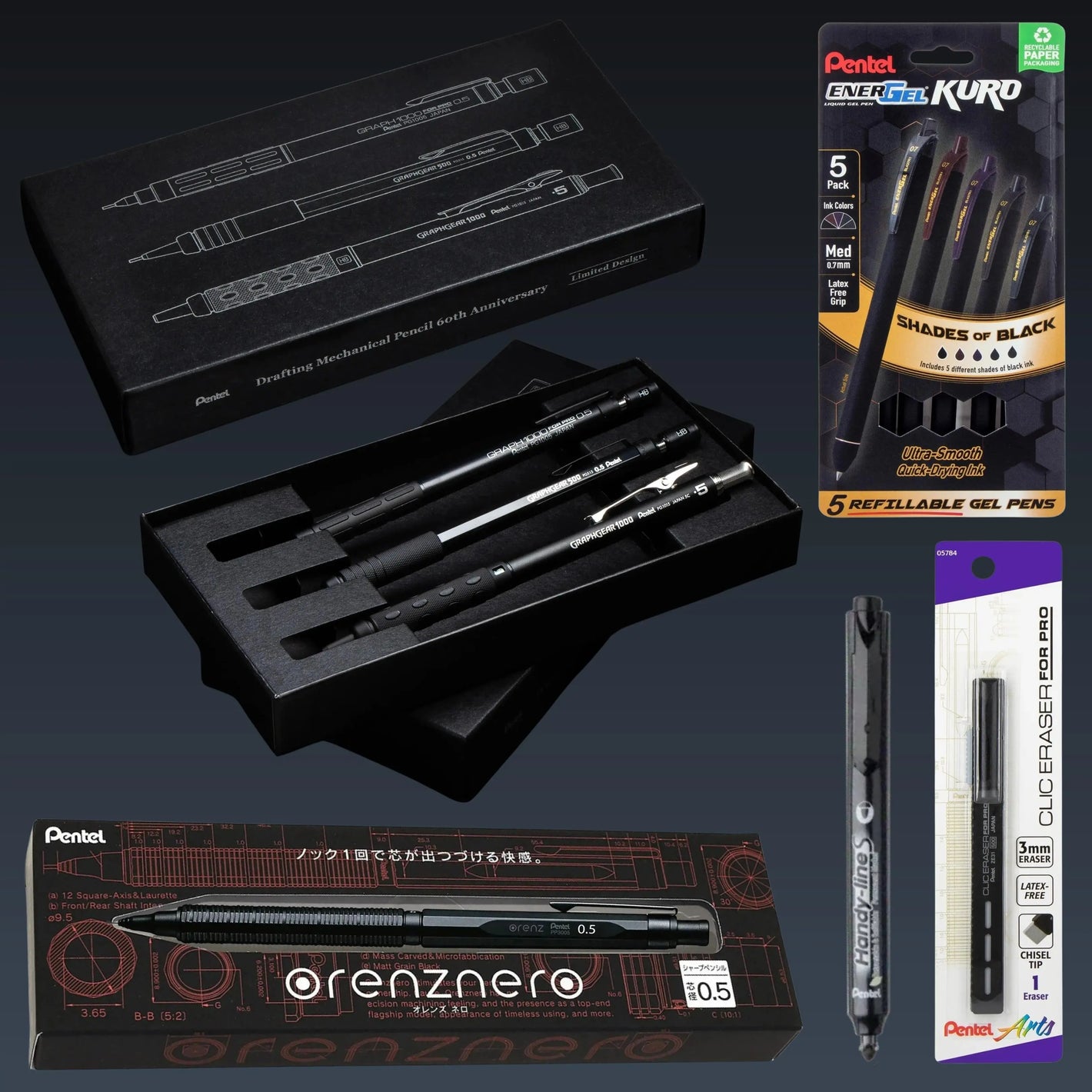 Pentel GraphGear/Graph Black Edition, Mechanical Drafting Pencils ...